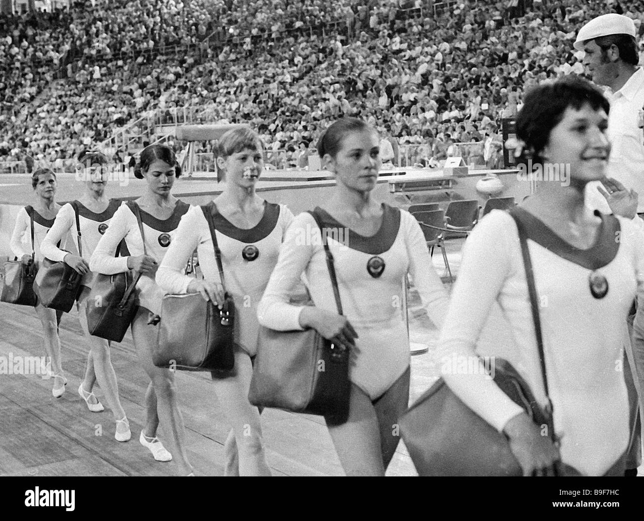 Soviet gymnasts at the Olympic games in Munich left to right Elvira ...