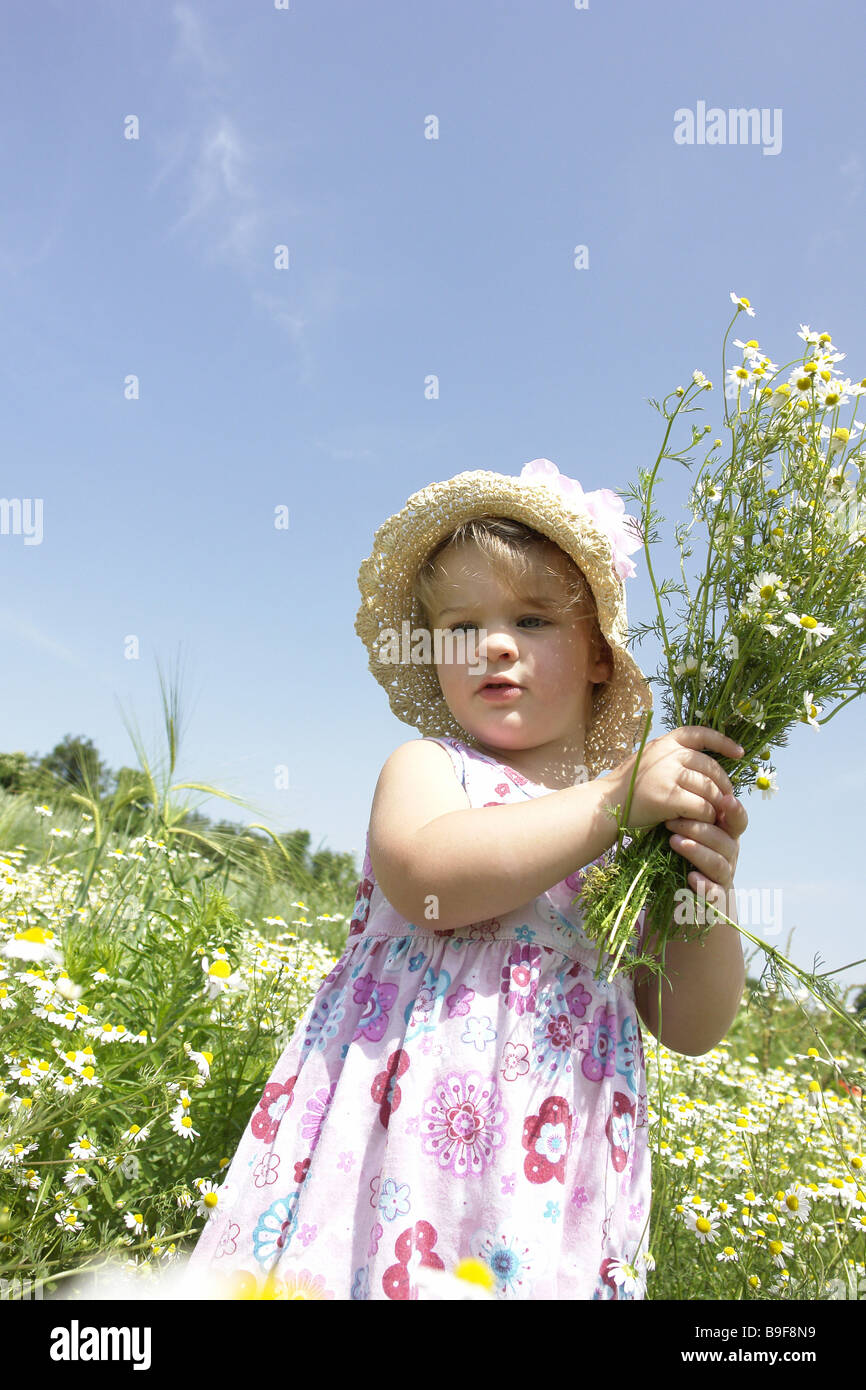 Child girl meadow picking flowers 3-5 years alone outside blue heaven ...