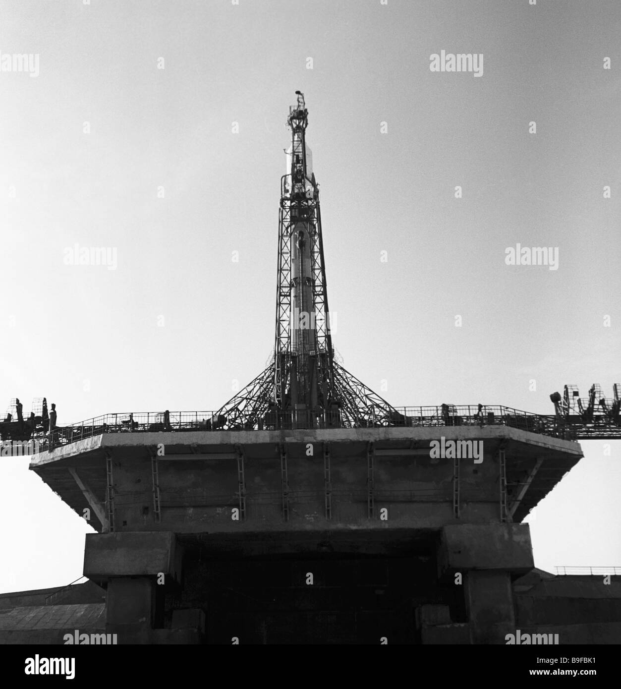 Launch vehicle with Soyuz 9 spacecraft on the launch pad Stock Photo ...