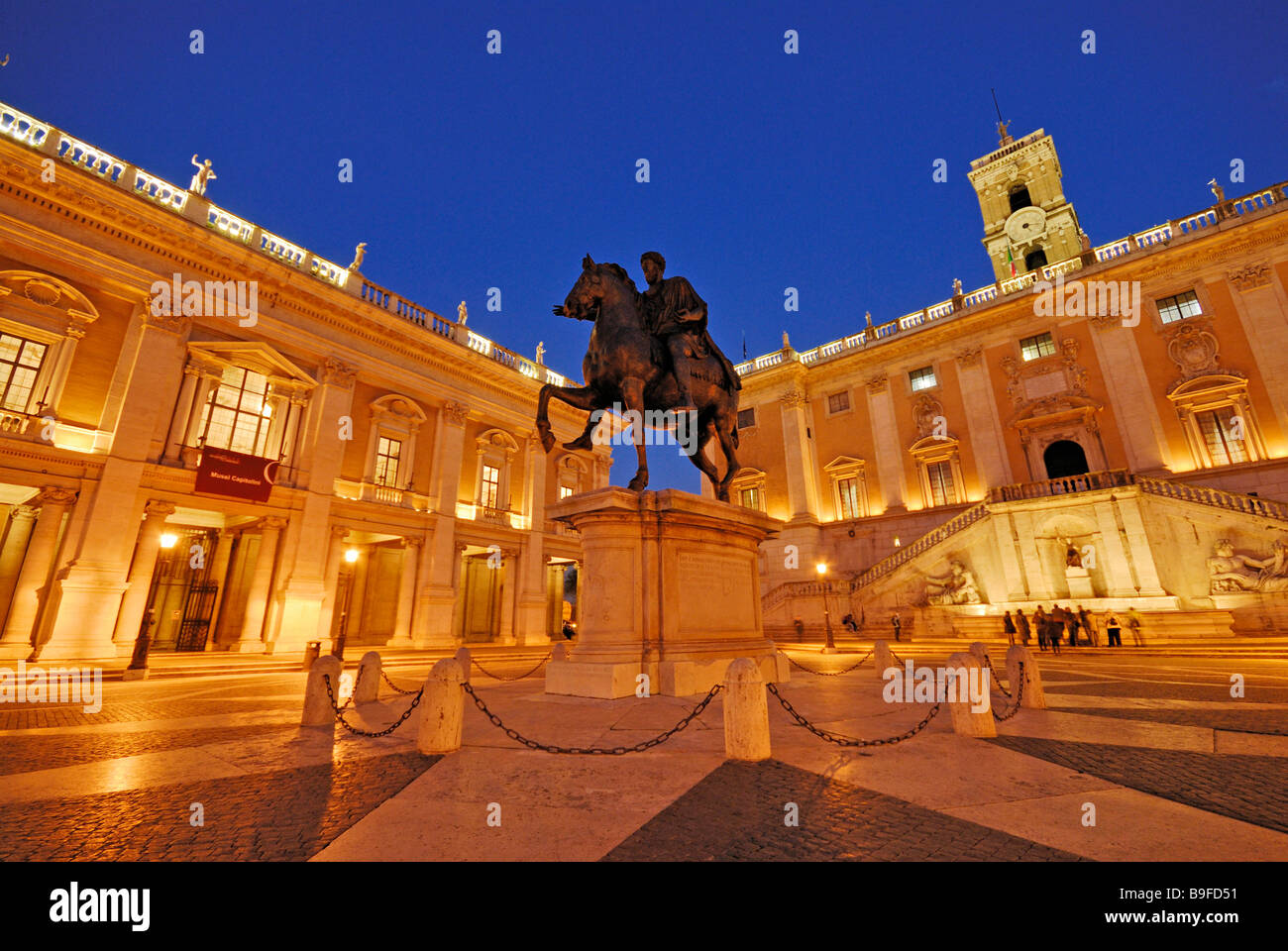 Statue of Marc Aurel on pedestal at night Monte Capitolino Rome Latium ...