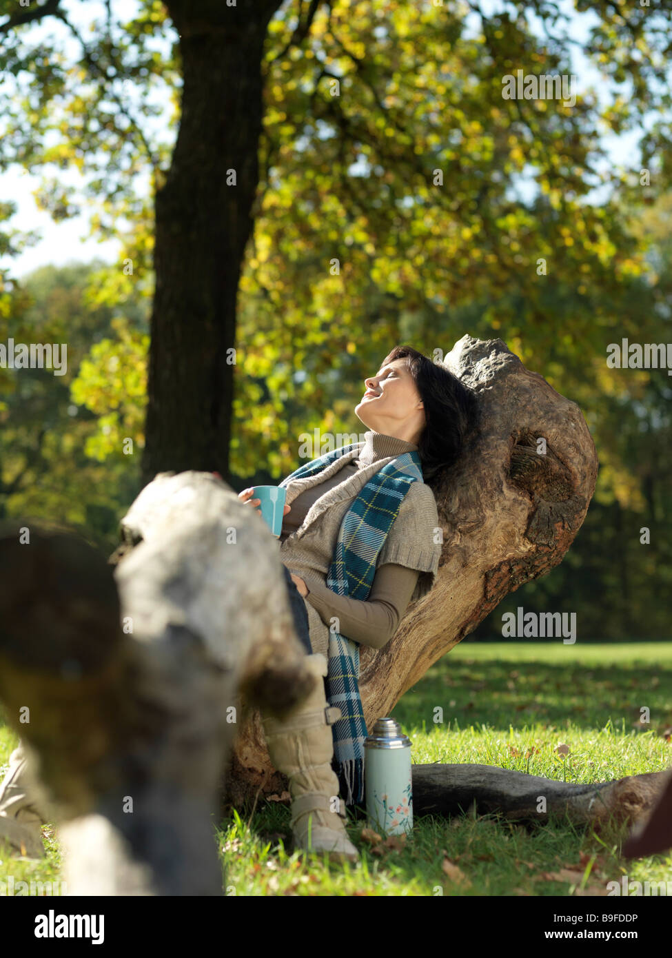Mature woman sitting on fallen tree and smiling Stock Photo - Alamy