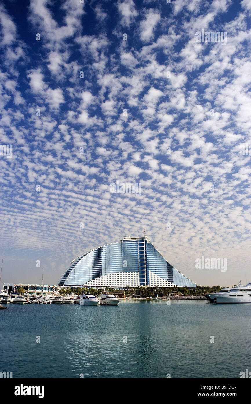 United Arabic emirates Dubai Jumeirah beach hotel harbor yachts clouded ...