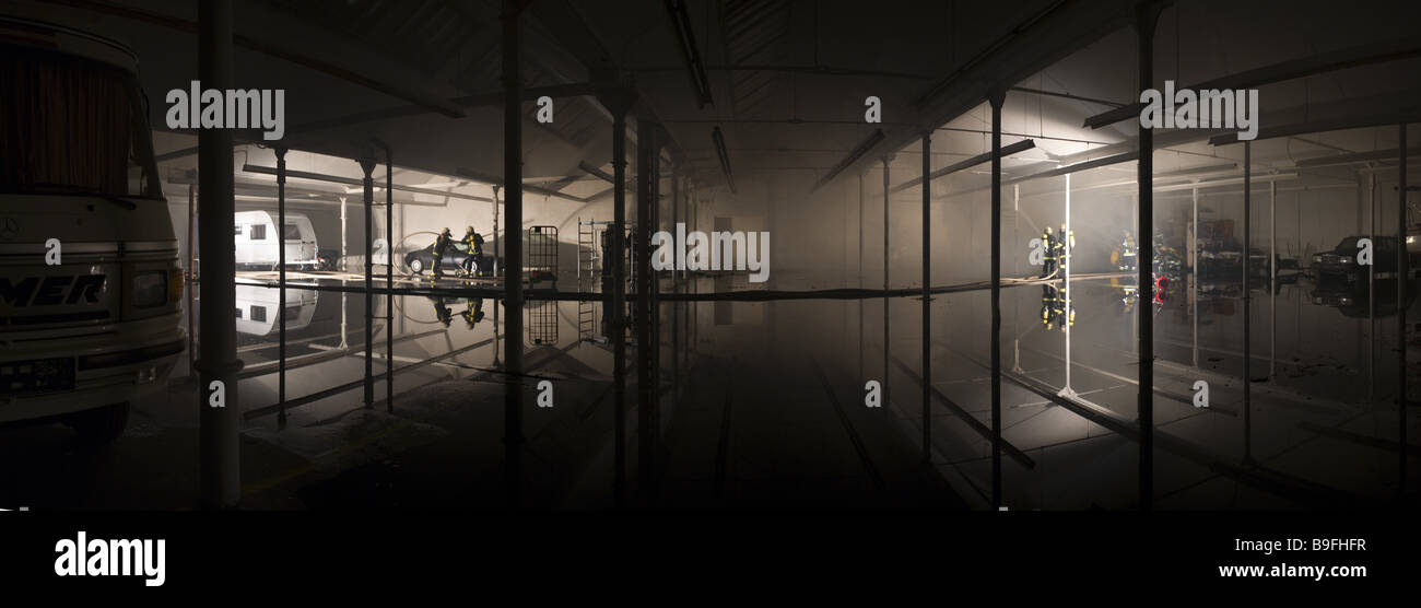 slacking Fire brigade-operation firefighters interior view hall ...