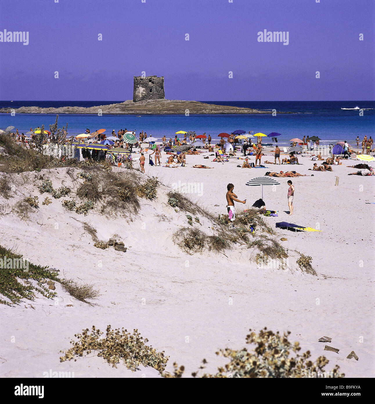 Italy Sardinia models beach-scene Isola Piana Torre Spagnola lake ...