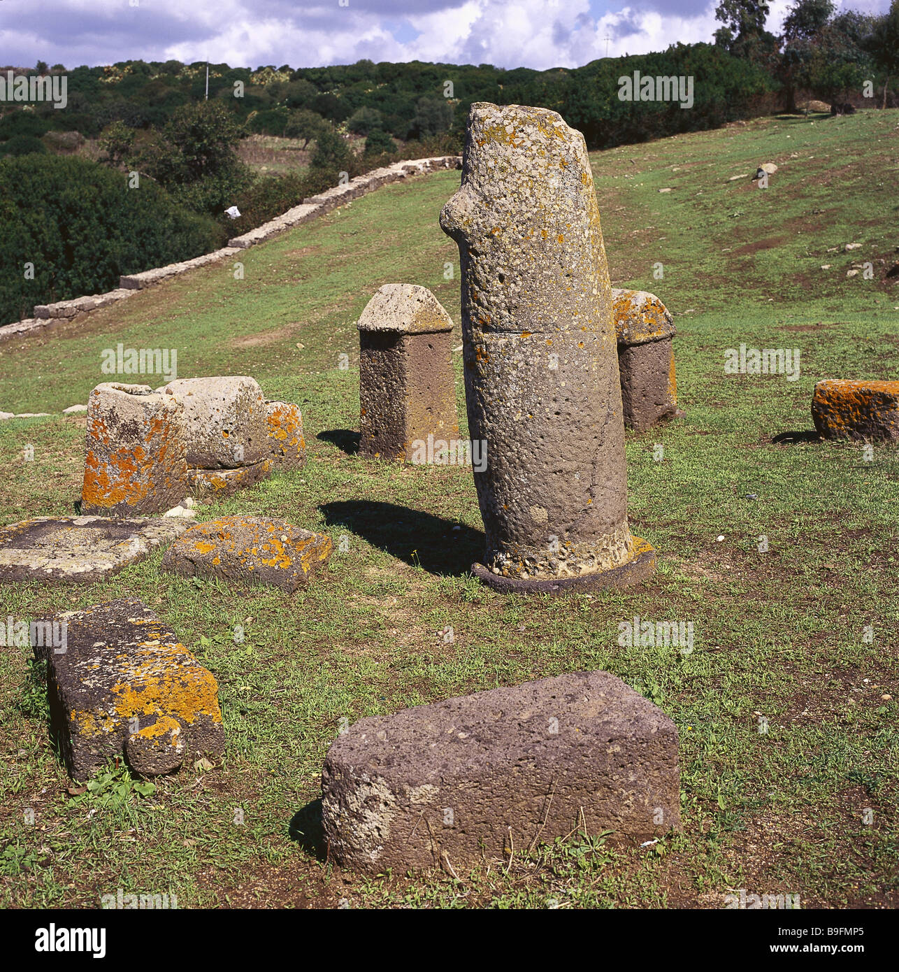 Italy Sardinia Sedilo excavations stone-column "Betilo" stone-block ...