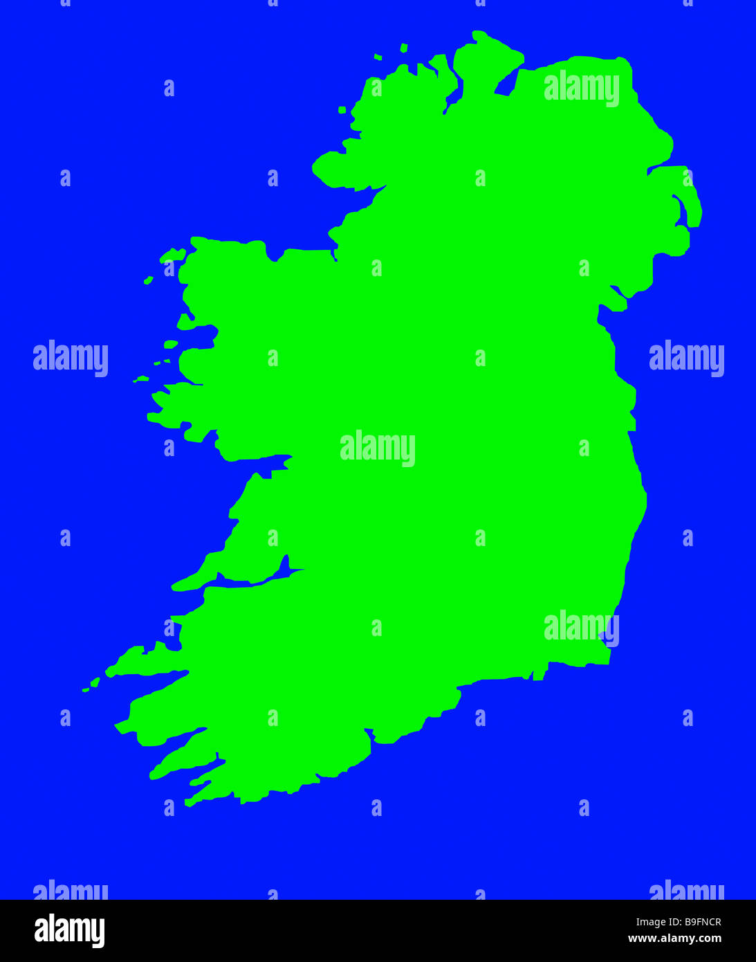 Green outline map of Republic of Ireland on blue with clipping path ...