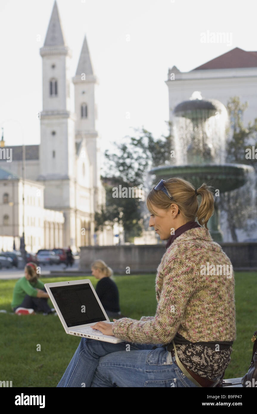 University campus woman young laptop data input at the side series ...