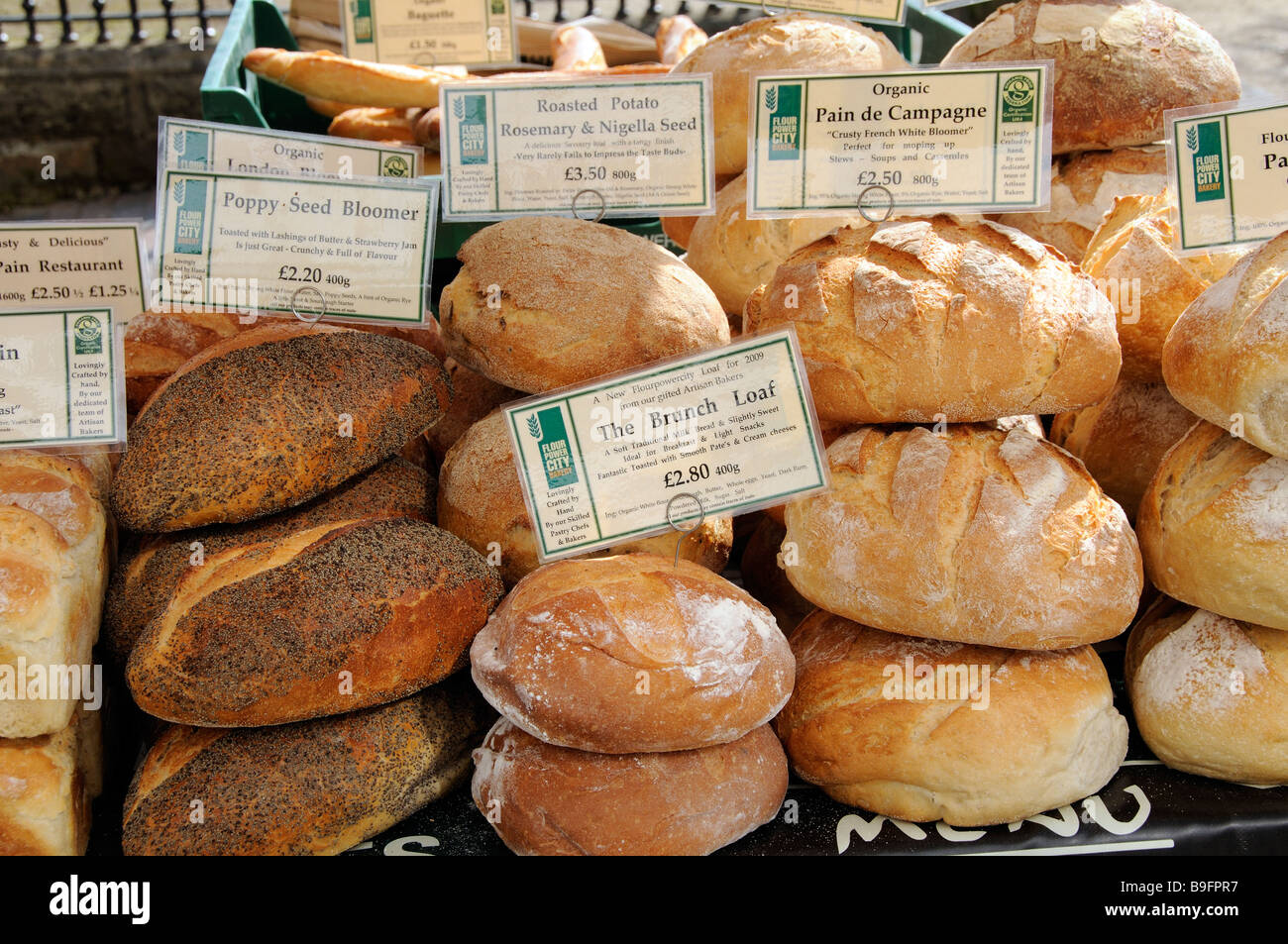 Fresh bread on sale on a farmers market stall in Royal Tunbridge Wells ...