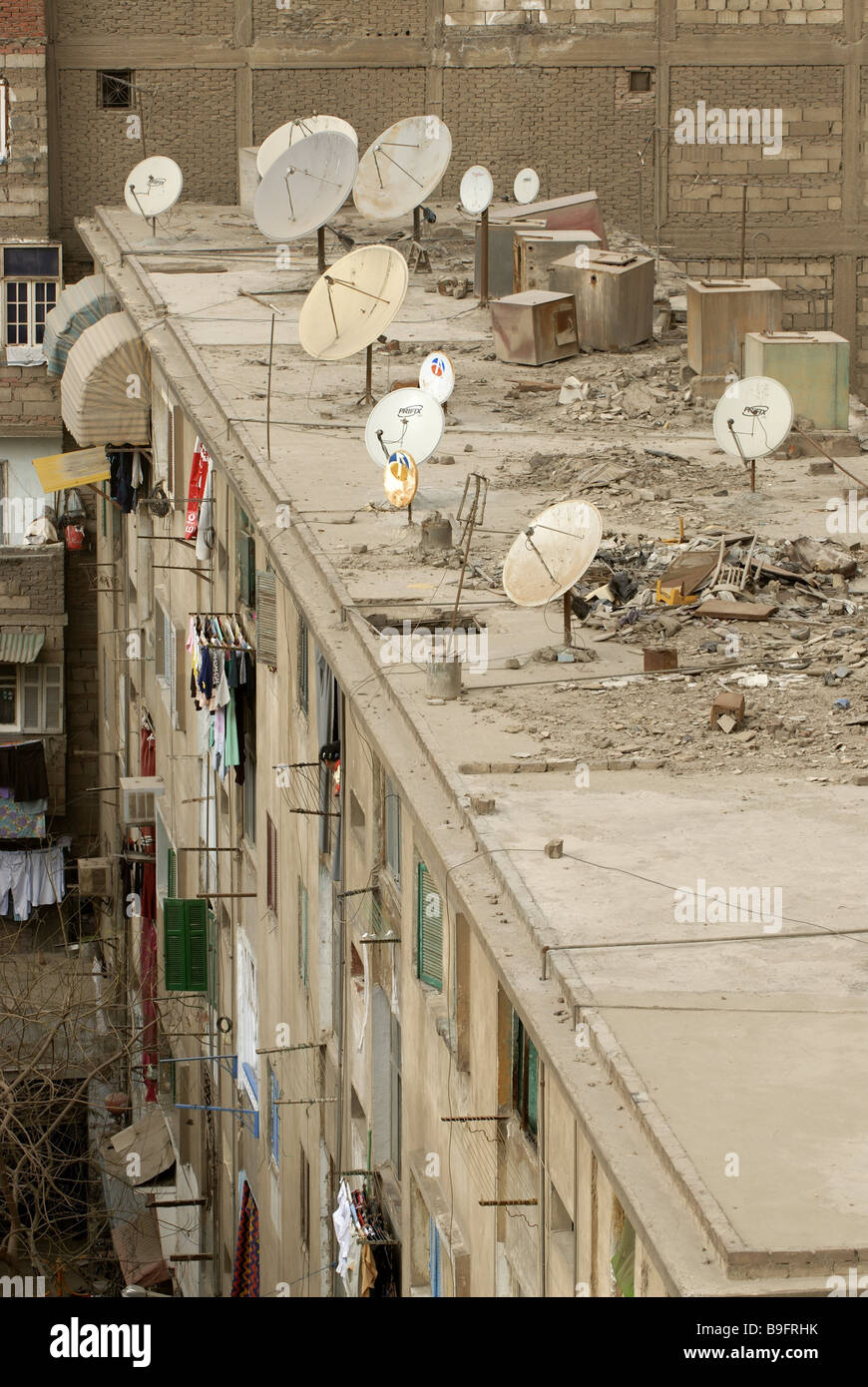 Egypt Cairo residence flat roof satellite-bowls refuse top view capital ...