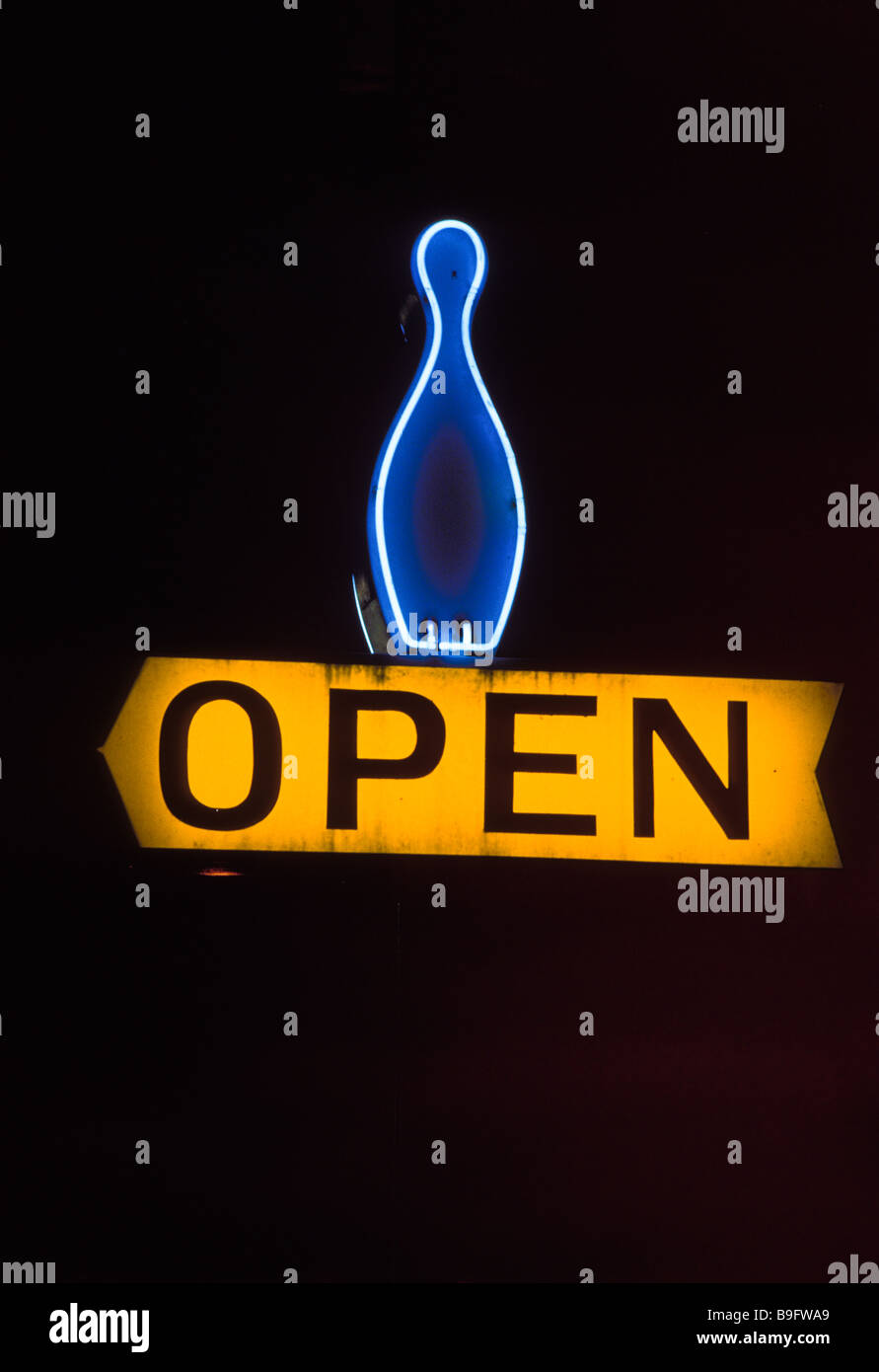 Blue yellow neon open sign for bowling alley Stock Photo - Alamy