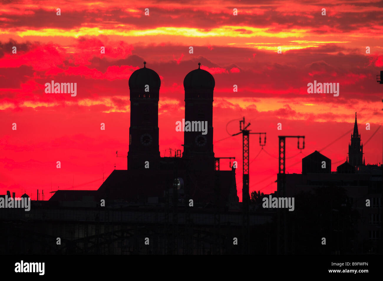Germany Bavaria Munich city-overview Frauenkirche towers silhouette ...