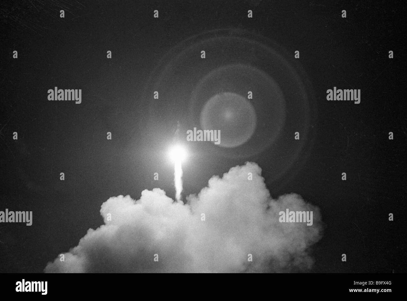 Soyuz 9 spacecraft lifts off from the Baikonur space center Stock Photo ...