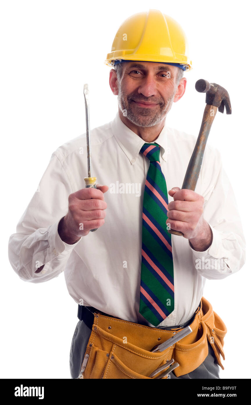 builder contractor tools ready to work wearing hard hat protective ...