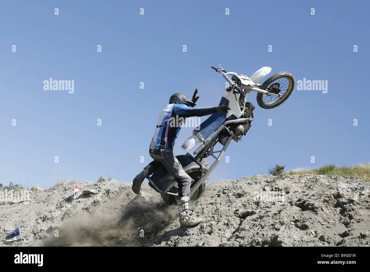 Motorcyclists Hillclimbing fall back view people man Crossfahrer ...