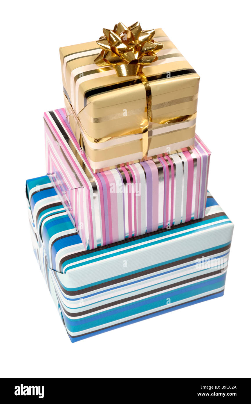 Three gift wrapped parcels Stock Photo - Alamy