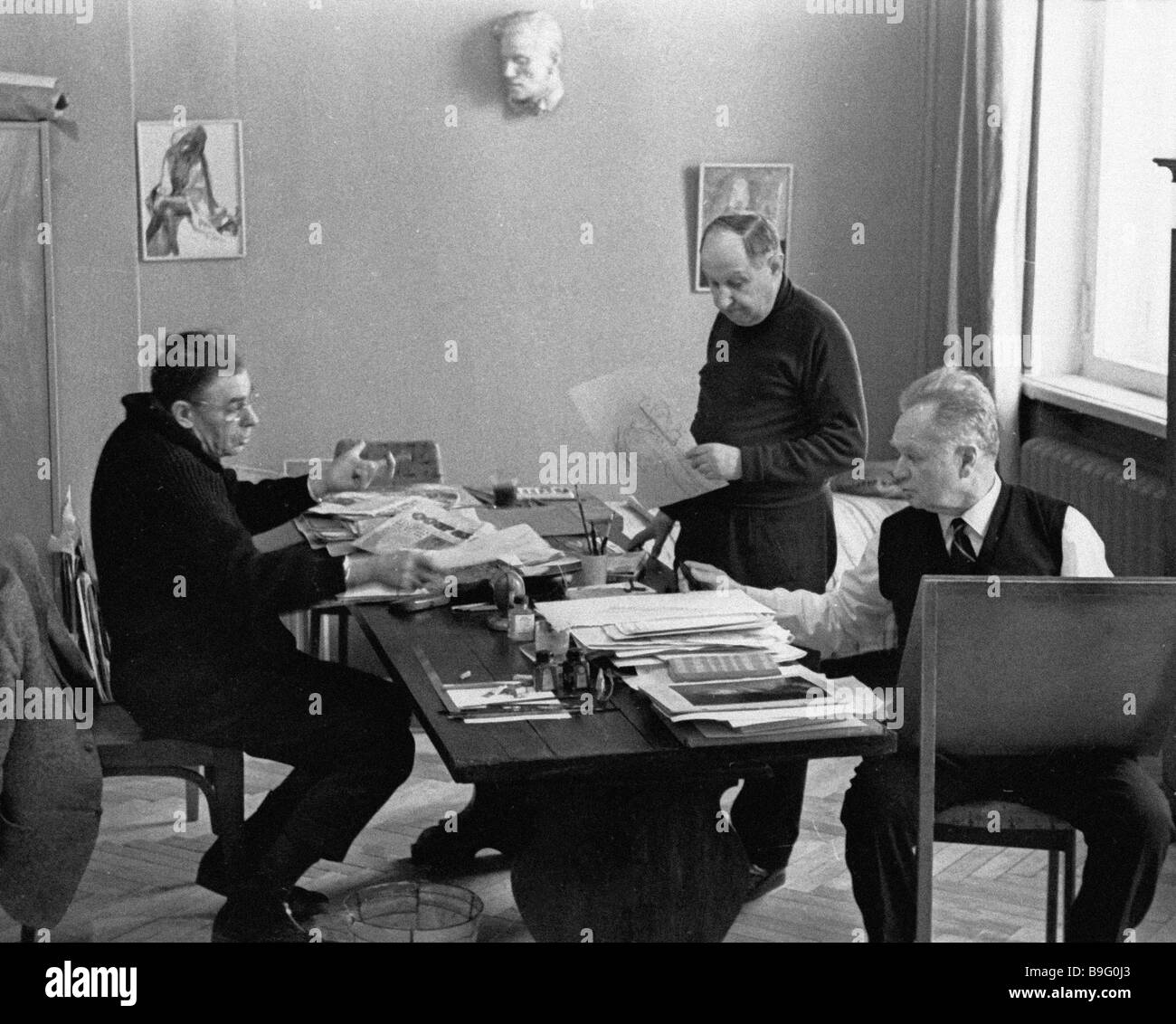 The Kukryniksy cartoonists left to right Mikhail Kupriyanov Porfiry ...