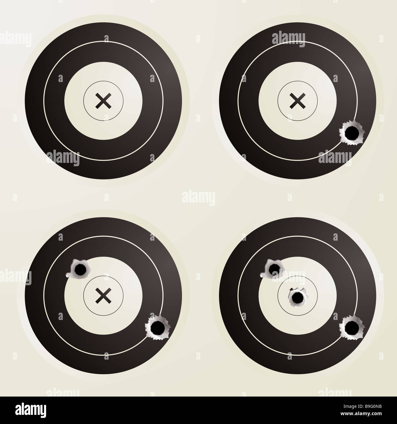 Collection of four targets with increasing amounts of bullet holes ...