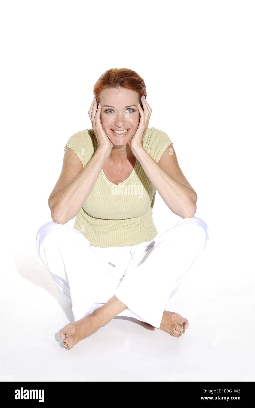 Woman Red Hairy Leisurewear Barefoot Cross Legged Smiling Series People