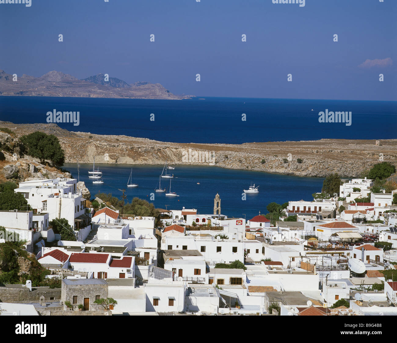 Greece Dodekanes island Rhodes coast Lindos city-overview harbor lake ...
