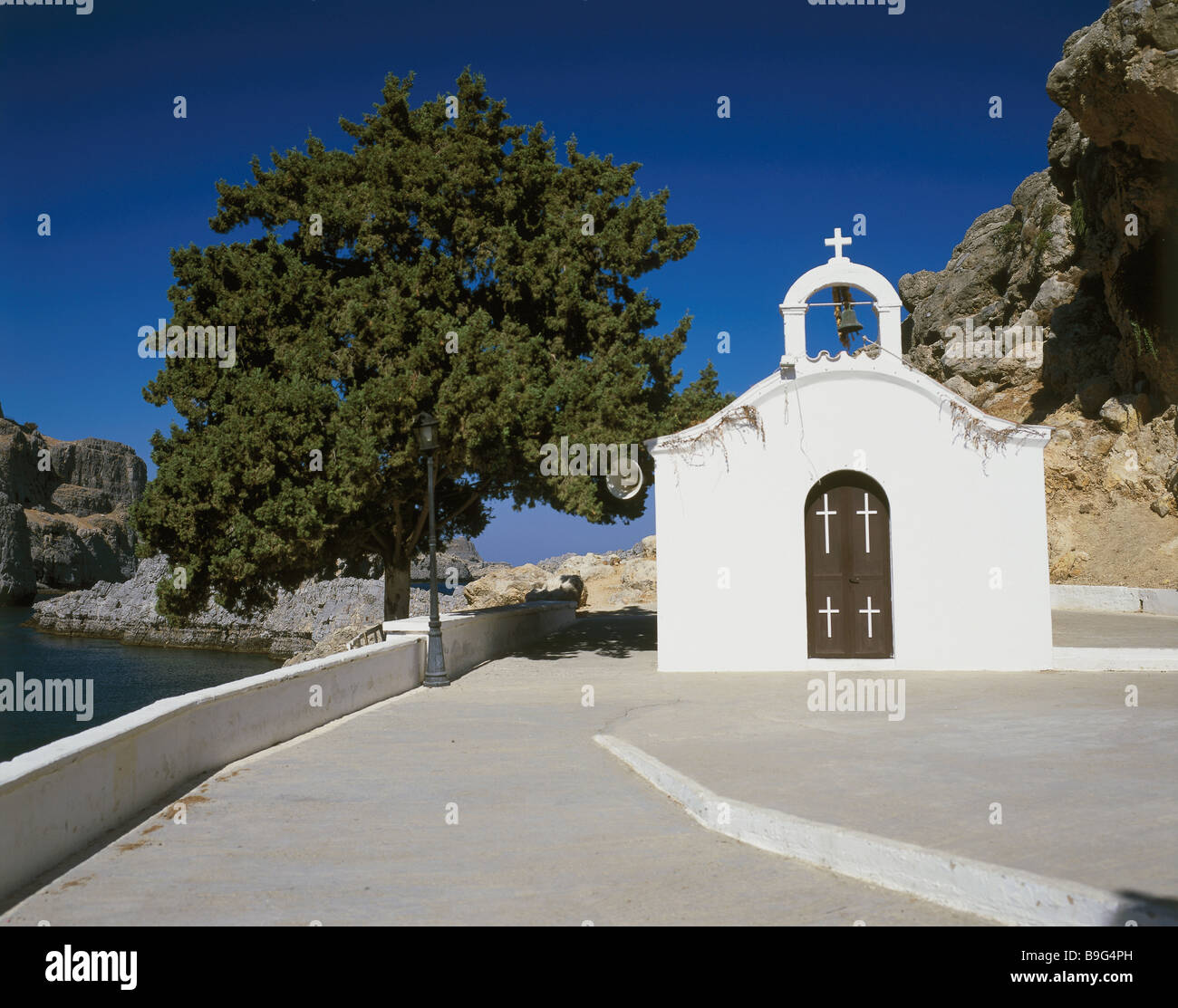 Greece Dodekanes island Rhodes coast Lindos Agios Pavlos Bay chapel lake Aegean seashore ...