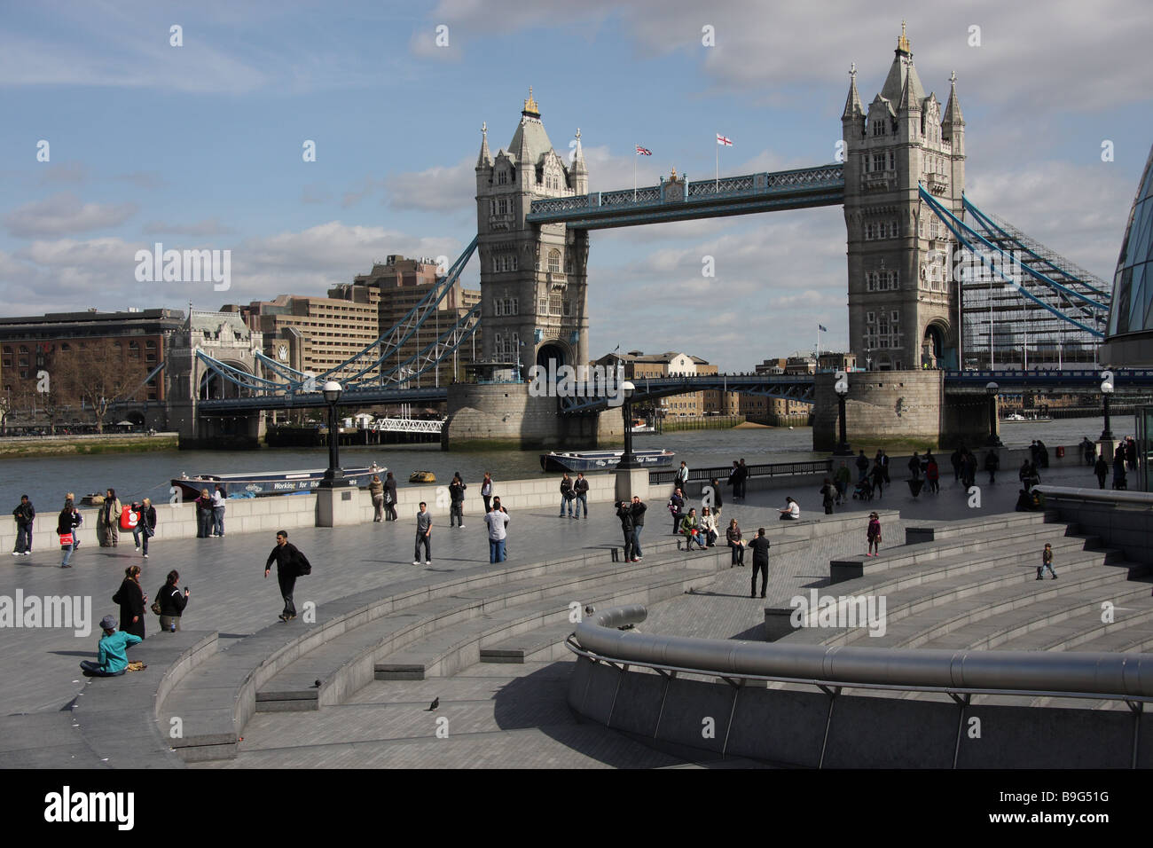 piazza riverside tower bridge river thames riverside blue sky london ...