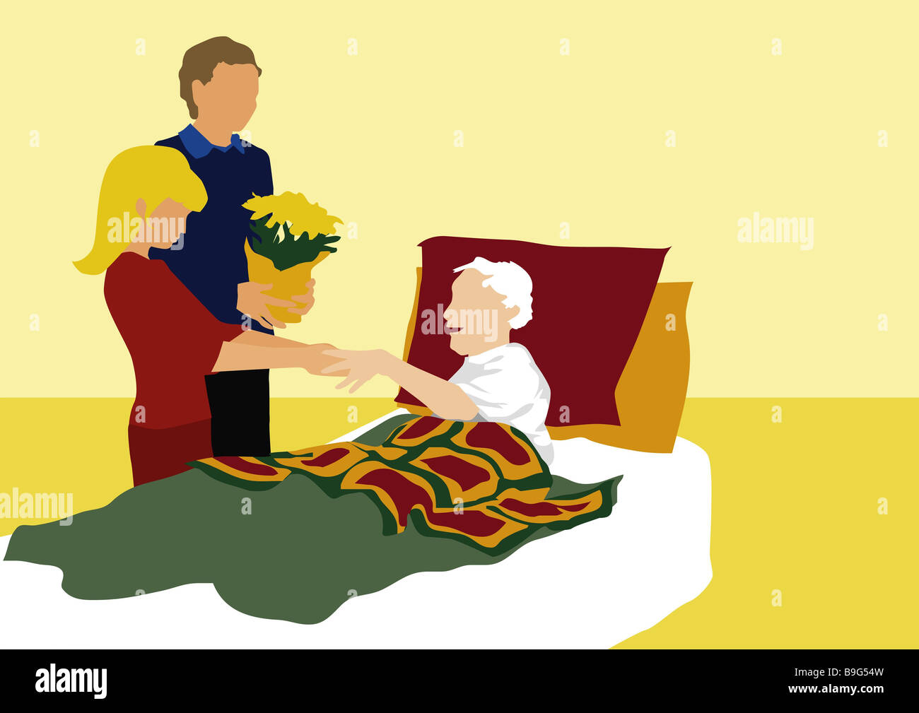 Illustration hospital bed man old visit grandchildren senior grandpa ...