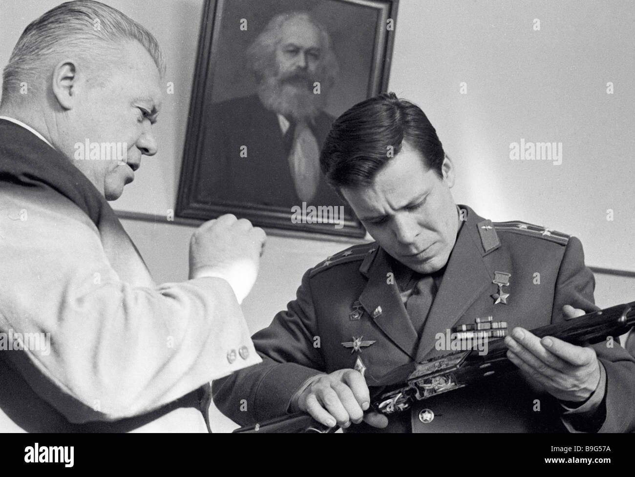 Hero of the Soviet Union Pilot Cosmonaut Yevgeny Khrunov right ...