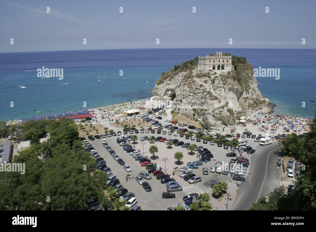 Italy Calabria Tropea coast church Santa Maria dell Isola parking place ...