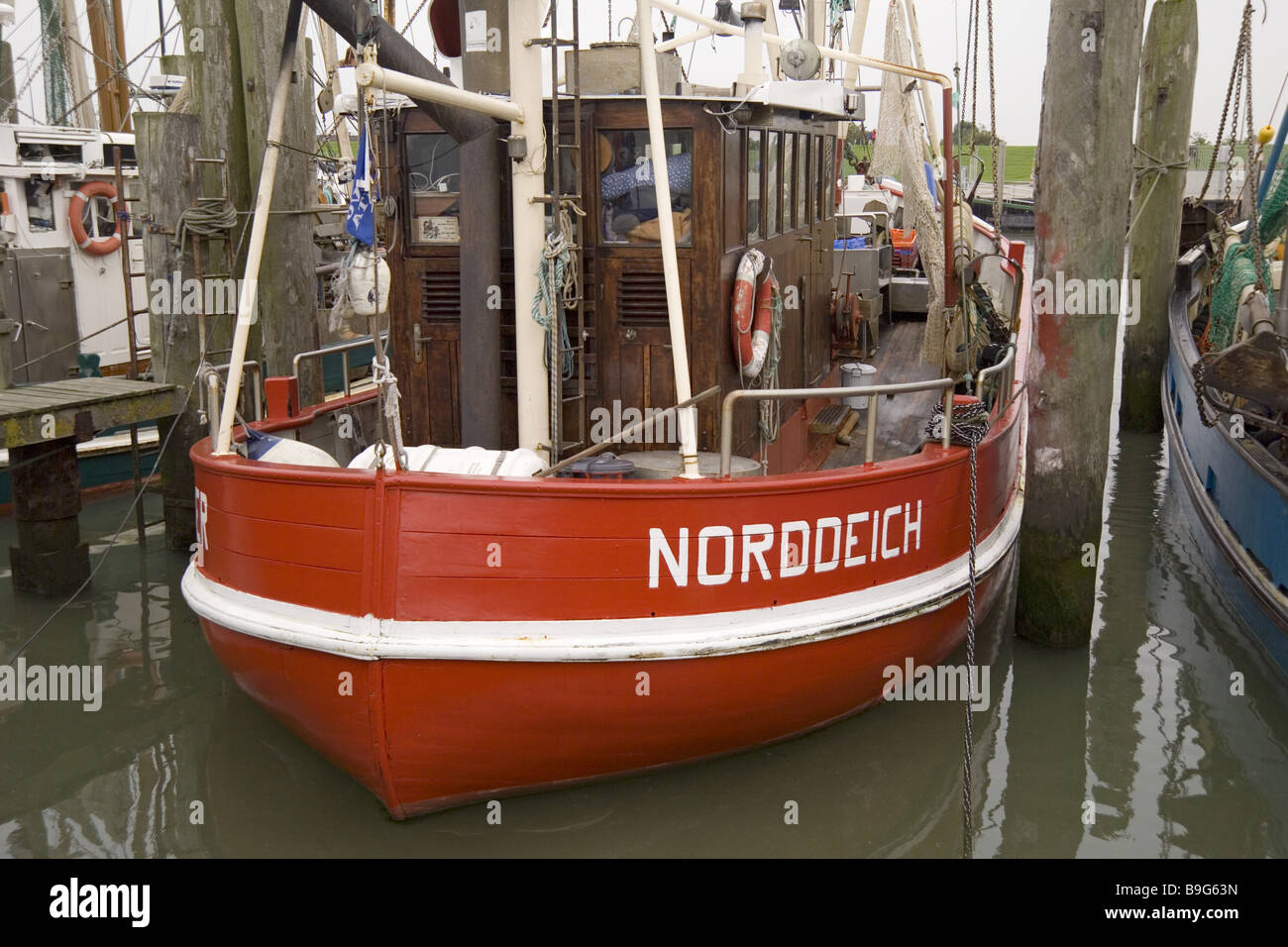 Germany East Frisia northern dike fisher-boat harbor Landing place boat ...