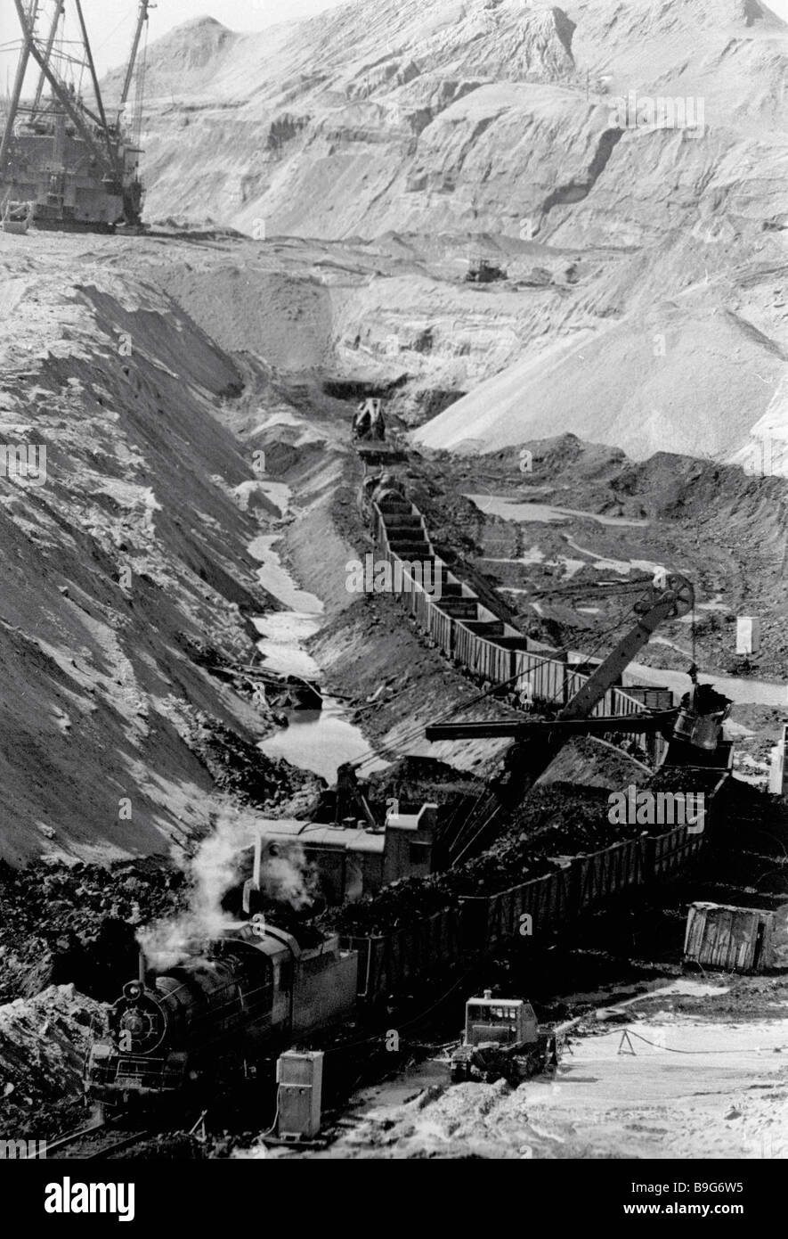 An excavator loading coal into railroad cars at the Dalvostokugol ...