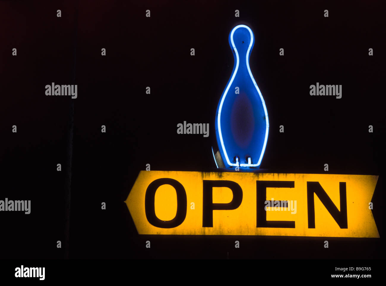 Blue neon bowling alley open sign Stock Photo - Alamy