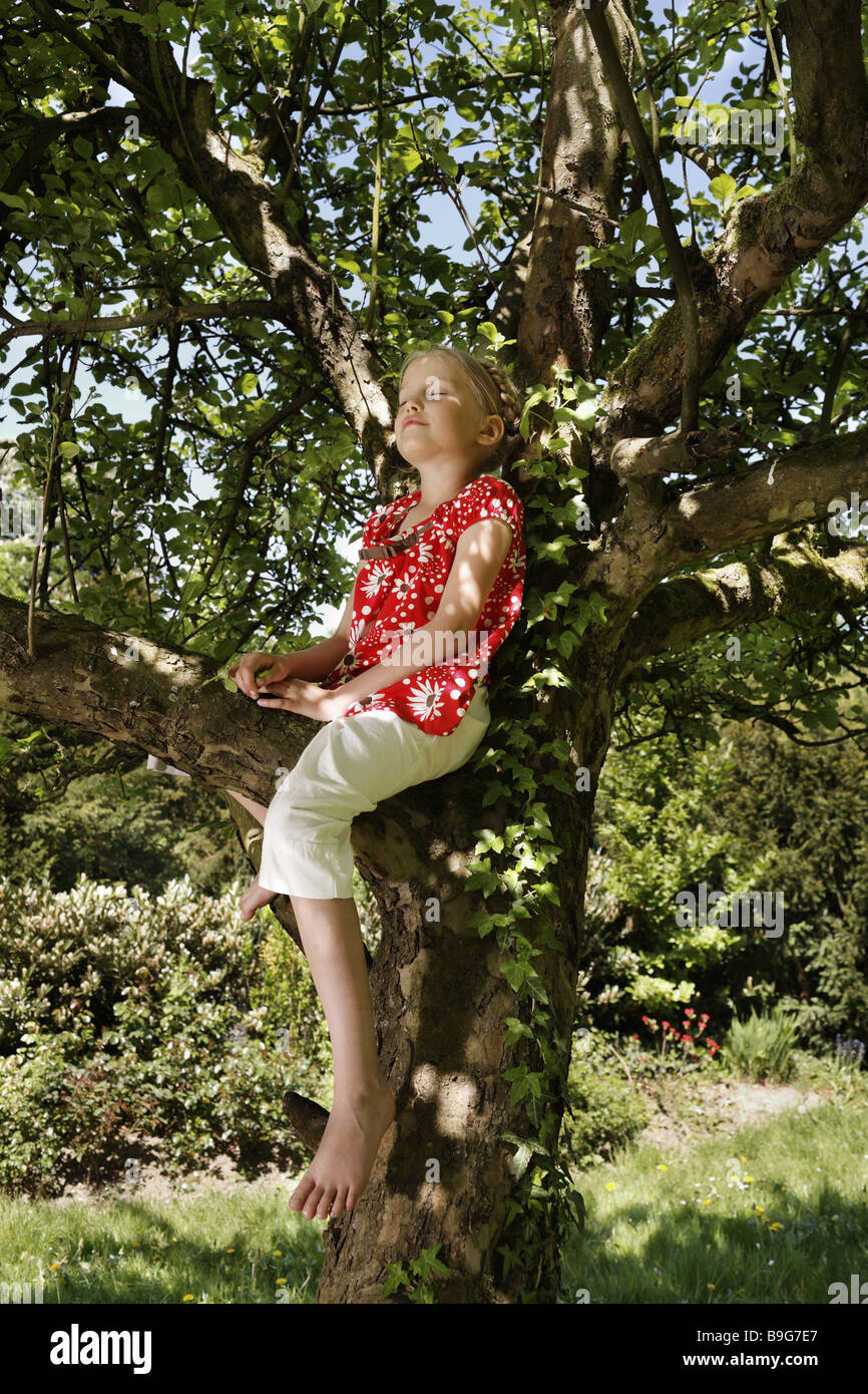 Garden tree girl sitting branch dreams people child meadow broad-leafed ...