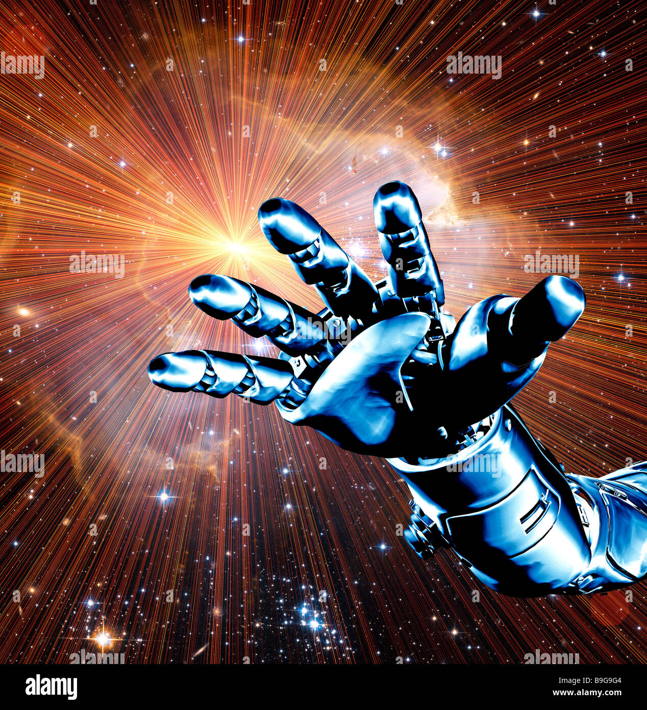 robotic hand and arm of computer generated 3D robot character reaching ...