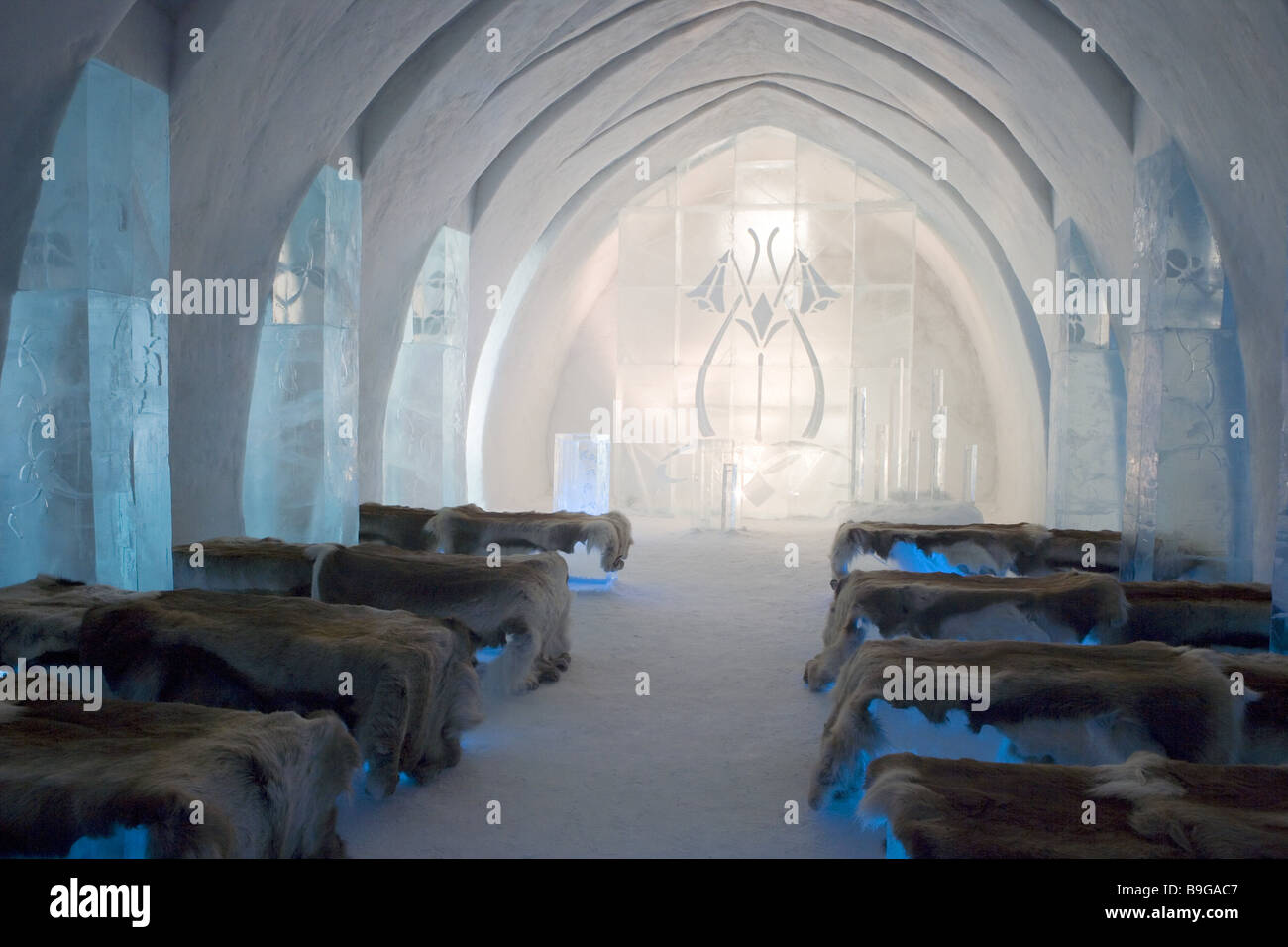 Sweden Norrbottens Län Jukkasjärvi ice-hotel chapel interior deserted ...