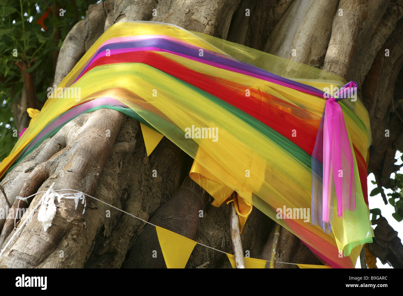Thailand Bangkok temples Wat Pho detail tree ribbons colored Asian Asia ...