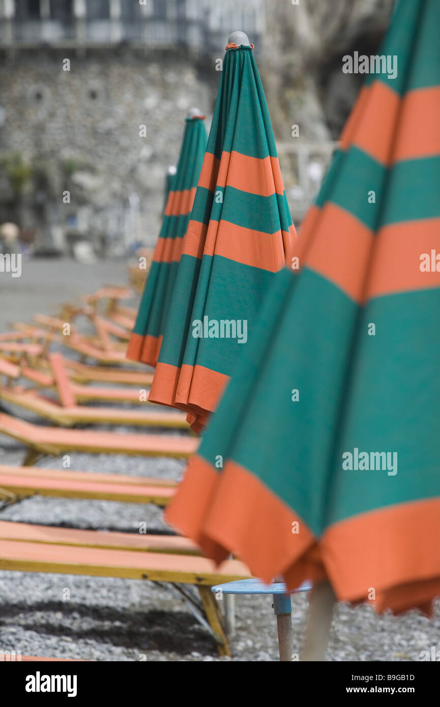 Italy Campania Amalfi coast Positano beach deck chairs parasols detail ...