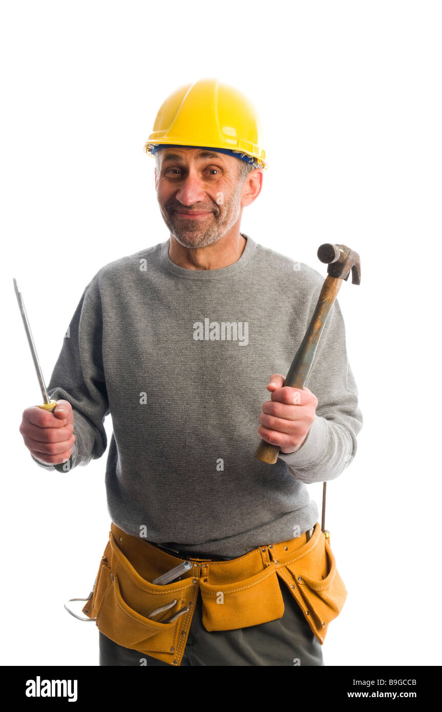 builder contractor tools ready to work wearing hard hat protective ...