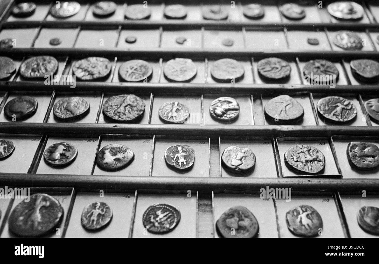 A showcase in the numismatics department of the historical museum in ...
