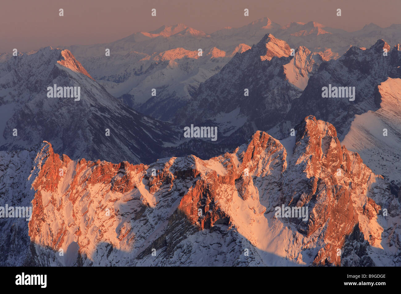 Germany Bavaria Werdenfels Zugspitze view summit snow view Stock Photo ...