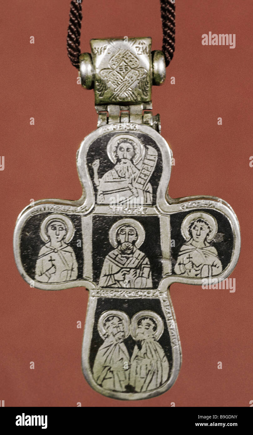 Gilded silver cross with low reliefs on black enamel 14th 15th century ...