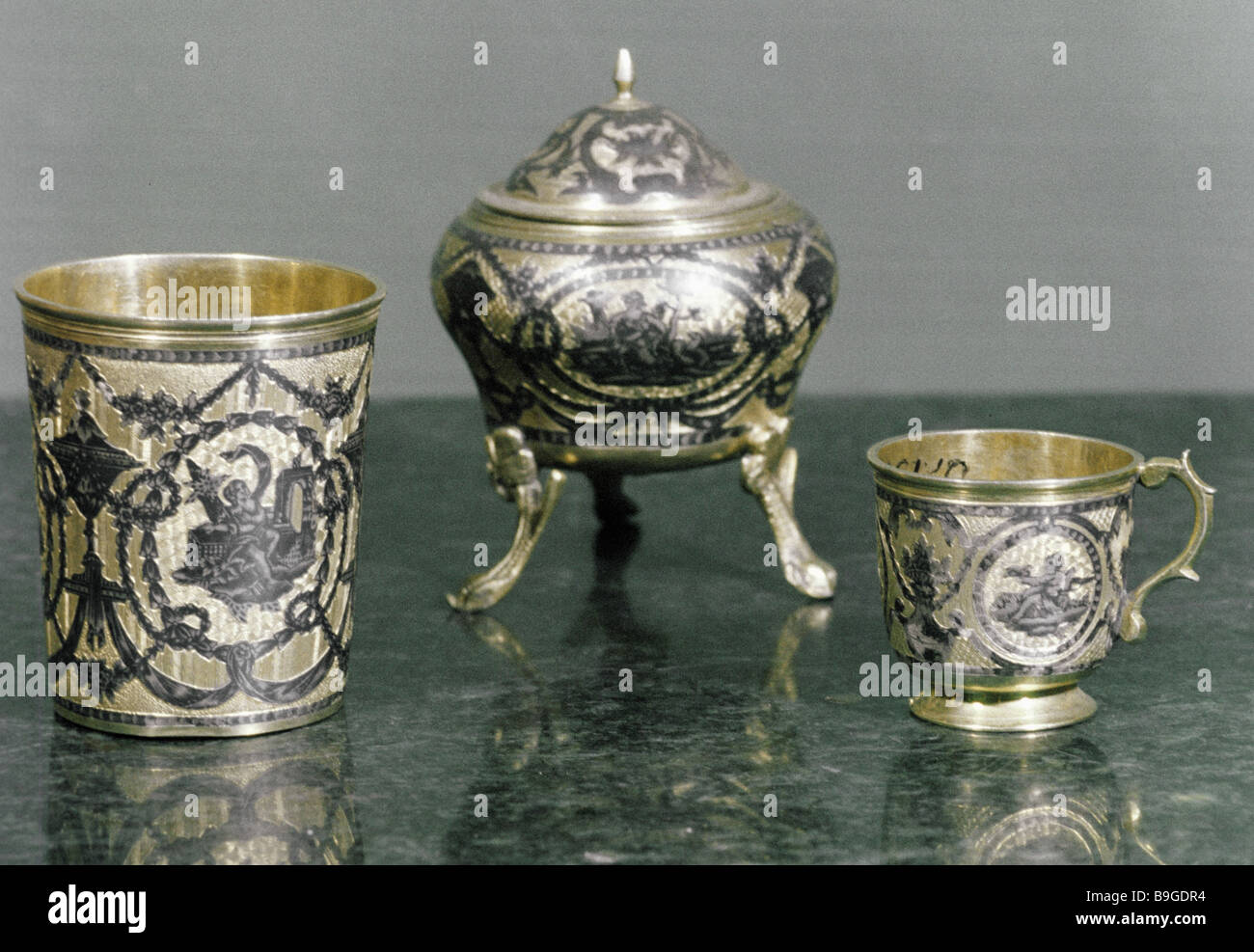Silver goblet cup and saltcellar with niello patterns 17th century ...