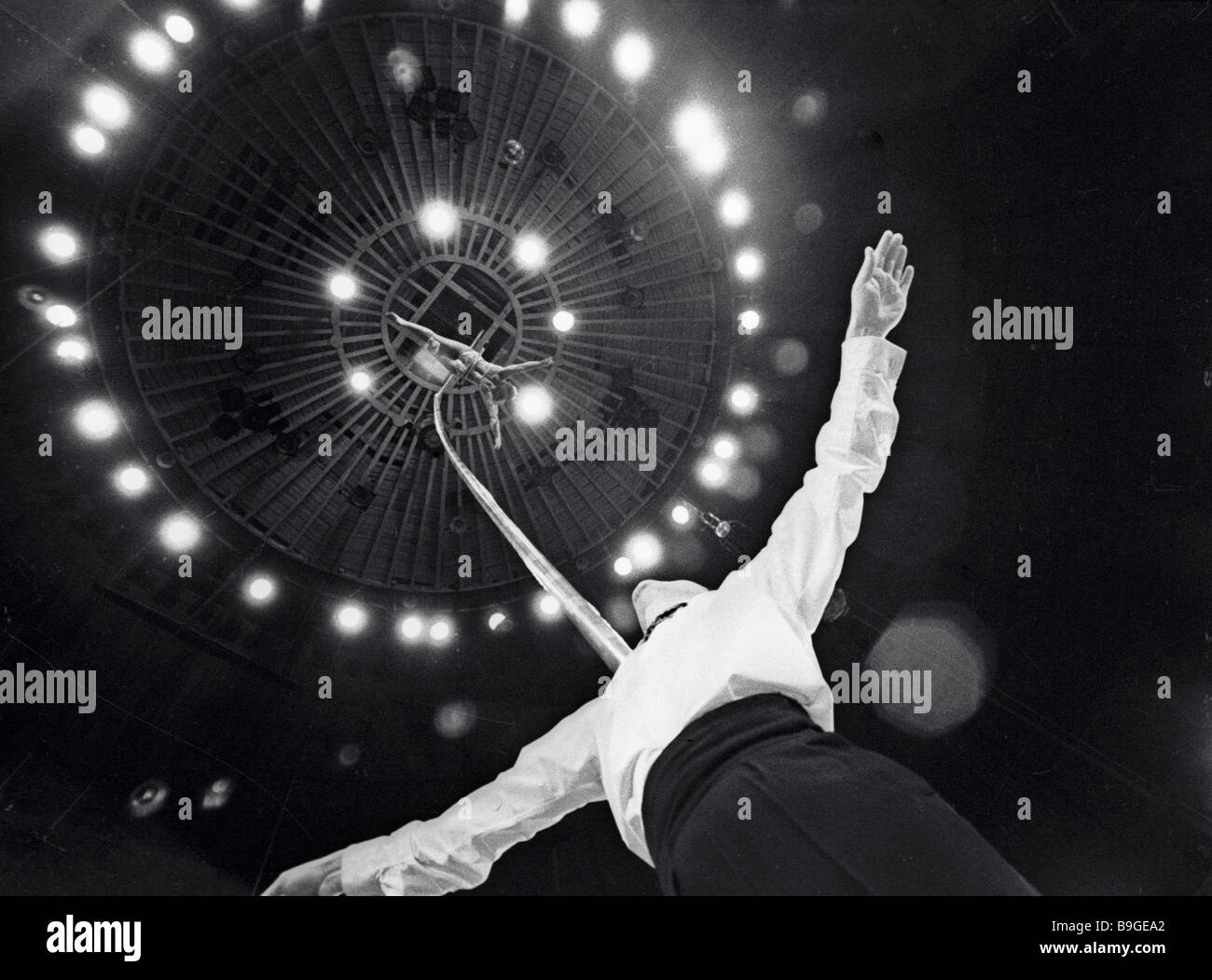 Tightrope walkers Roza above and Yuri below performing in the Moscow ...