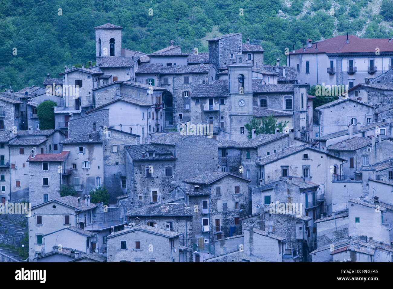 Italy Abruzzen Scanno city view twilight city houses residences church ...