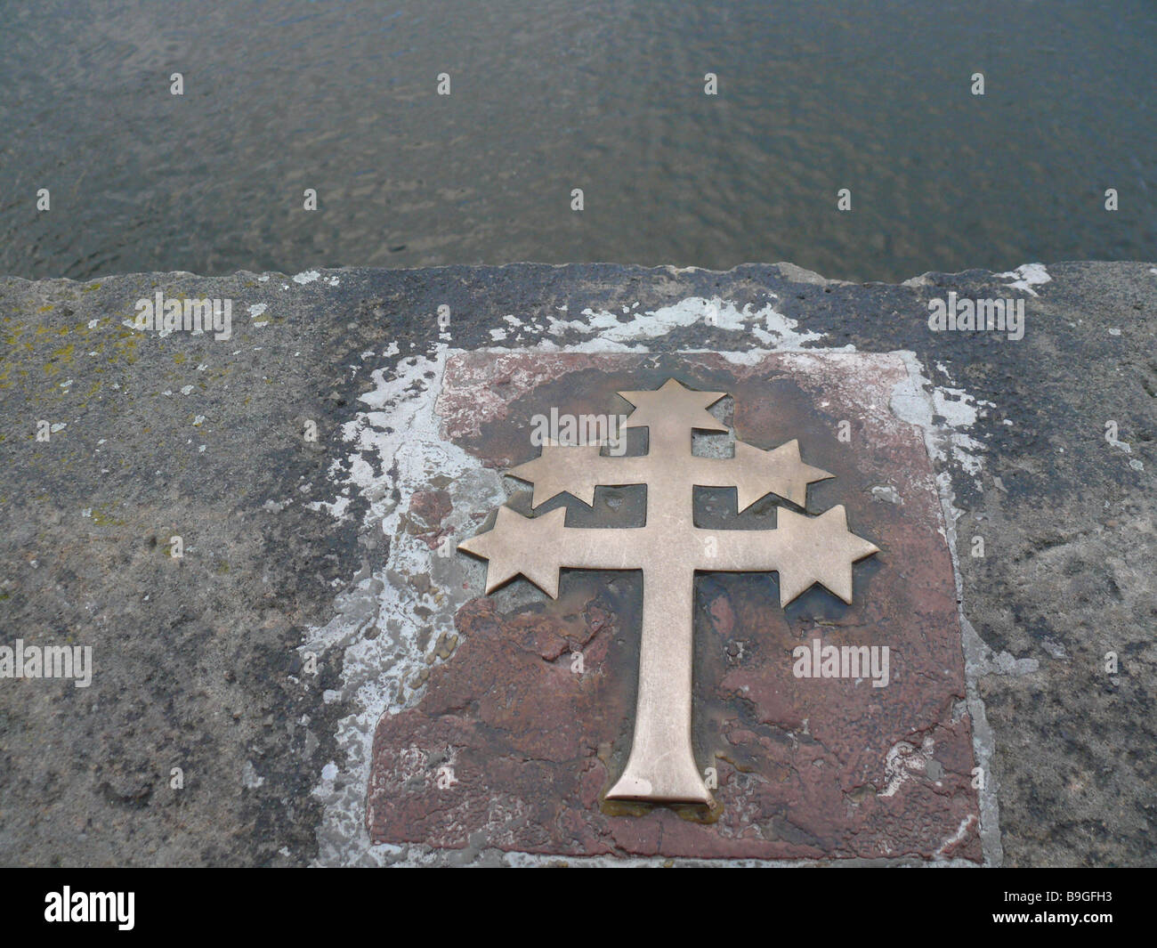Czech republic Prague Karl-bridge parapet cross marking Todesstelle ...
