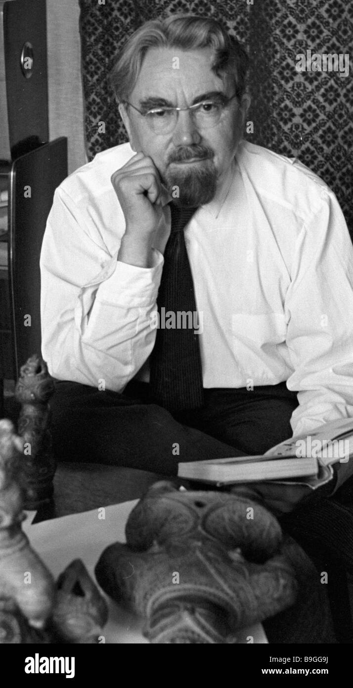 Science fiction writer Alexander Kazantsev with statuettes of ...