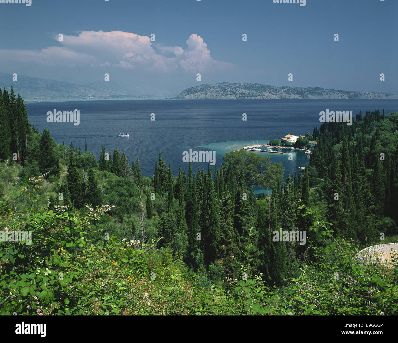 Greece island Corfu Pirgi hills forest bay harbor lake coast coast ...