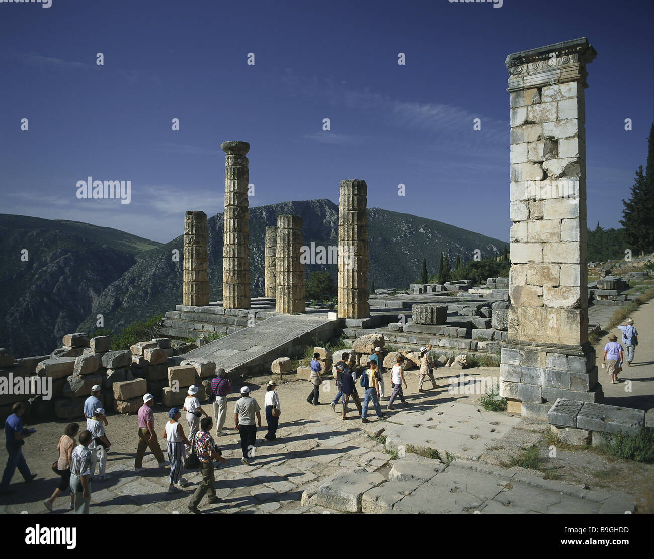 Greece Phokis Parnass-mountains Delphi Apollon-temple visitors ...