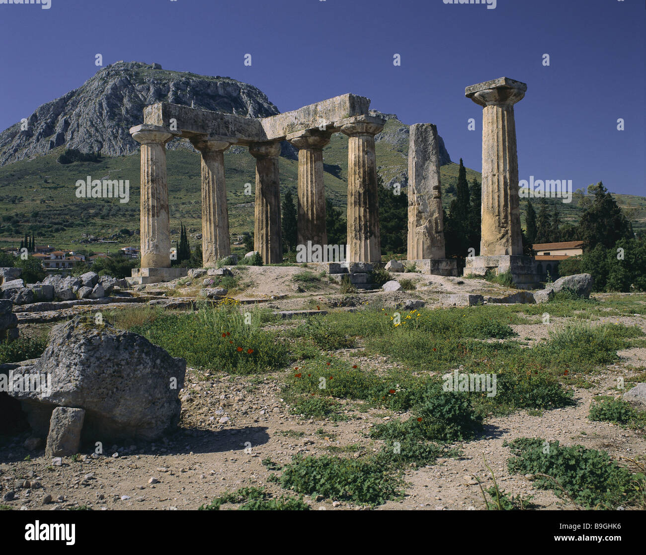Greece peninsula Peloponnes alt-corinth Apollontemple ruin mountain ...