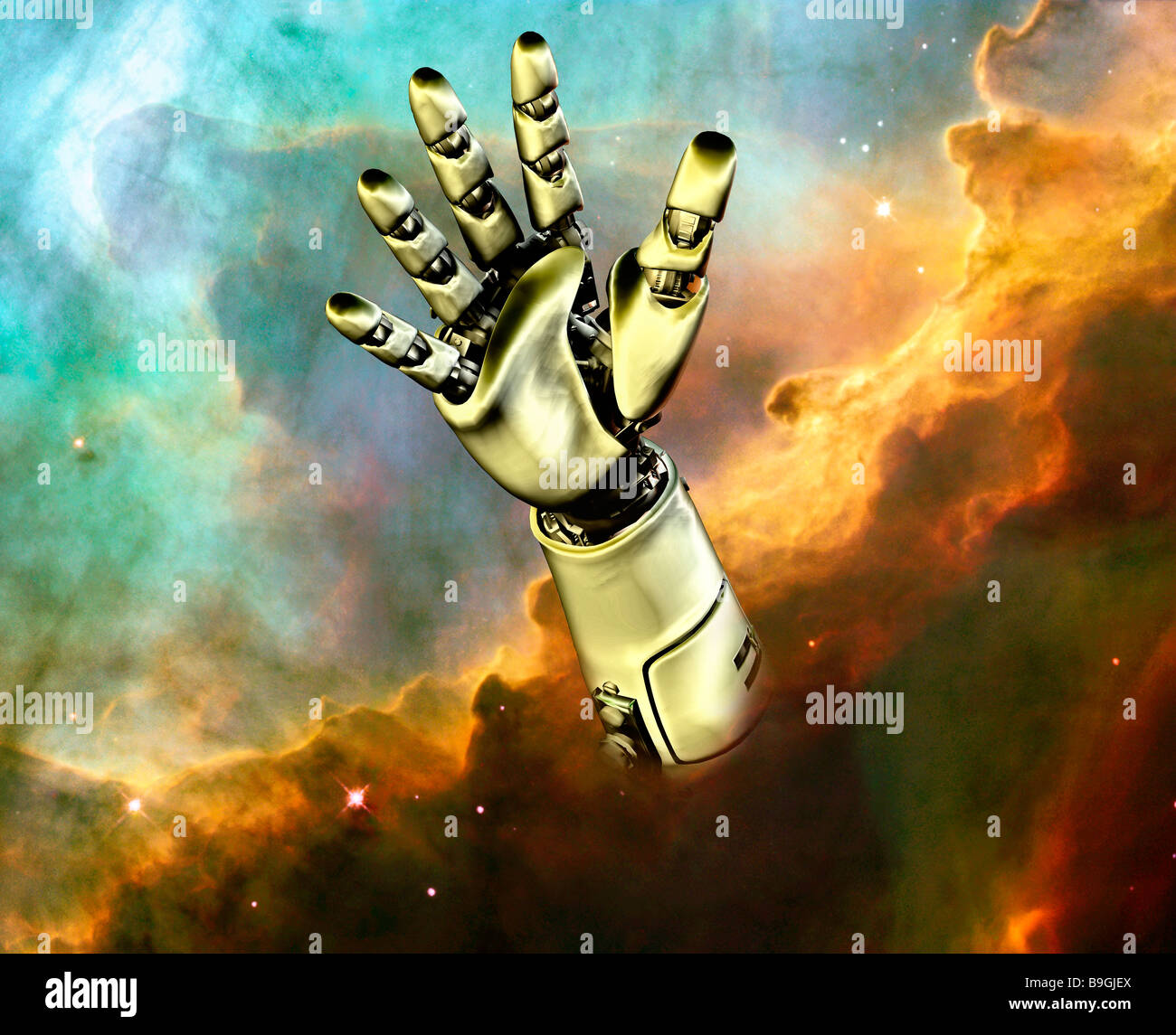 robotic hand and arm of computer generated 3D robot character reaching ...