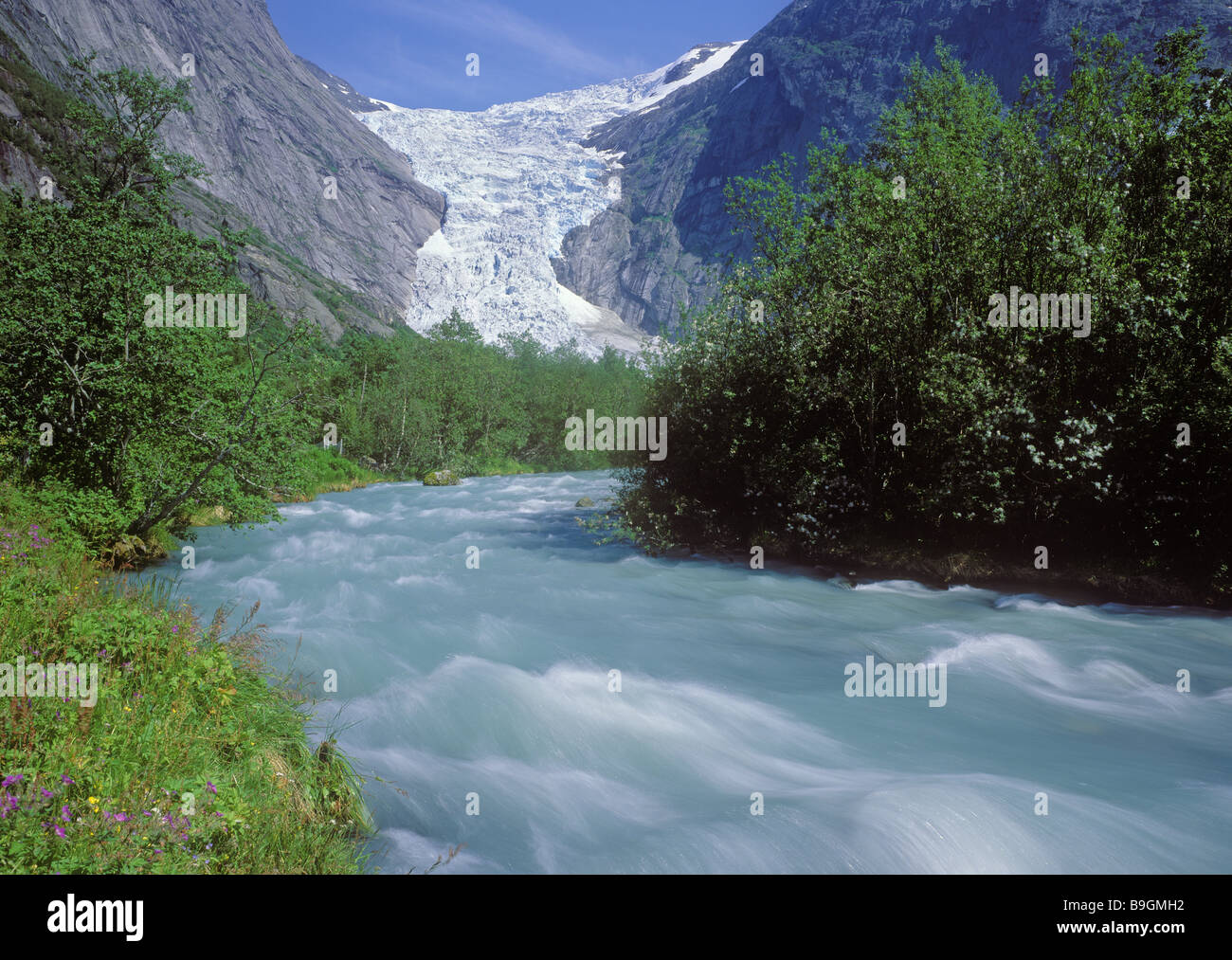 Norway Jostedalsbreen national-park Stryn Briksdalsbre glacier-river ...